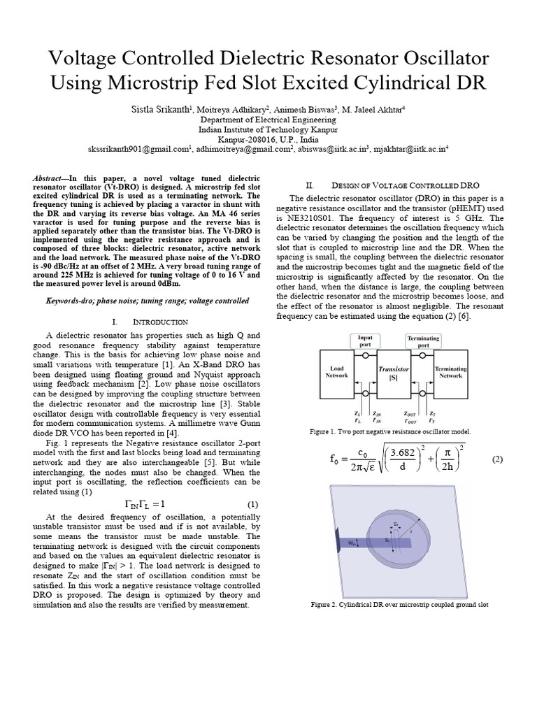 Voltage Controlled Dielectric Resonator Oscillator Using Microst 2017 ...