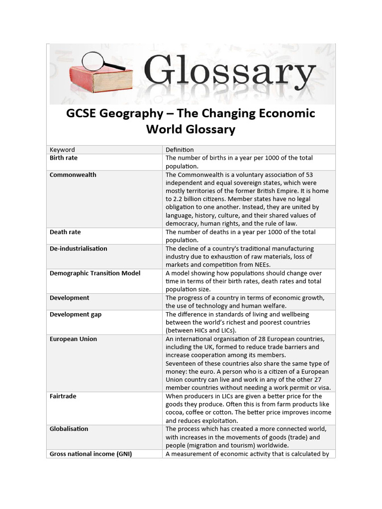 GCSE Geography The Changing Economic World Glossary | PDF | Economies