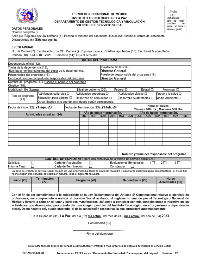 Itlp Vi Po 002 01 Solicitud de Servicio Social Ad23 2 | PDF | México
