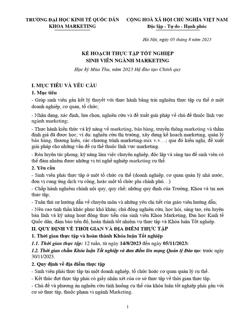 Nganh MKT Ke Hoach Thuc Tap TN HK Mua Thu 2023 | PDF