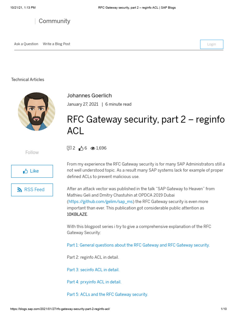RFC Gateway Security, Part 2 - Reginfo ACL - SAP Blogs | PDF | Server (Computing) | Transmission ...