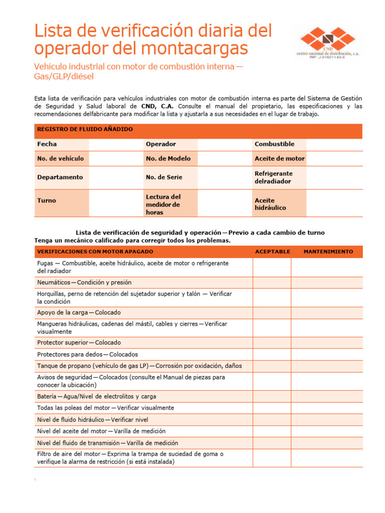 Checklist Montacargas | PDF | Máquina elevadora | Motores Checklist Montacargas | PDF | Máquina elevadora | Motores