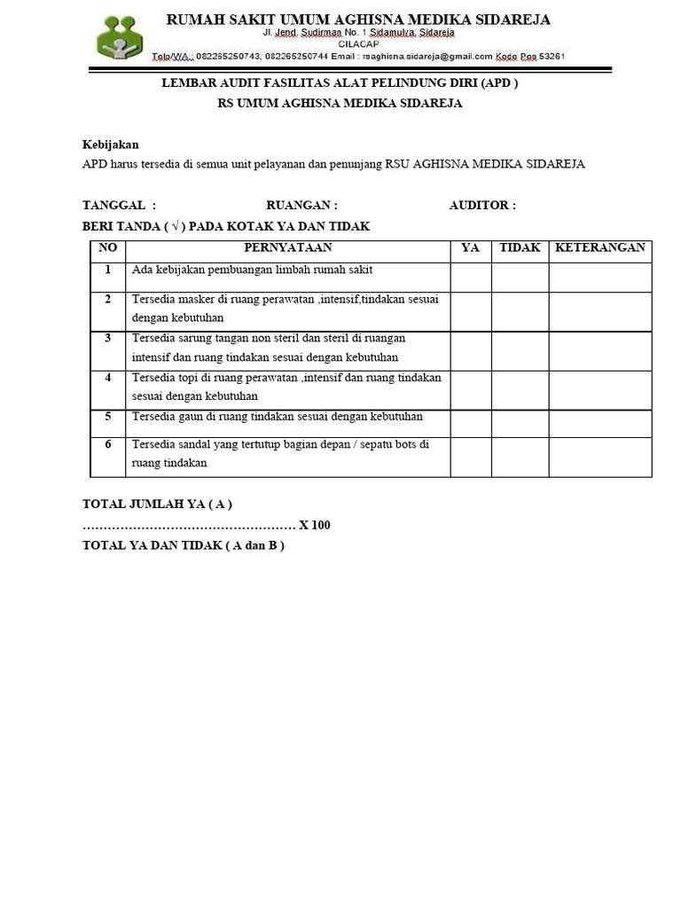 Ep 5 No 3 Form Lembar Audit Fasilitas Alat Pelindung Diri | PDF ...