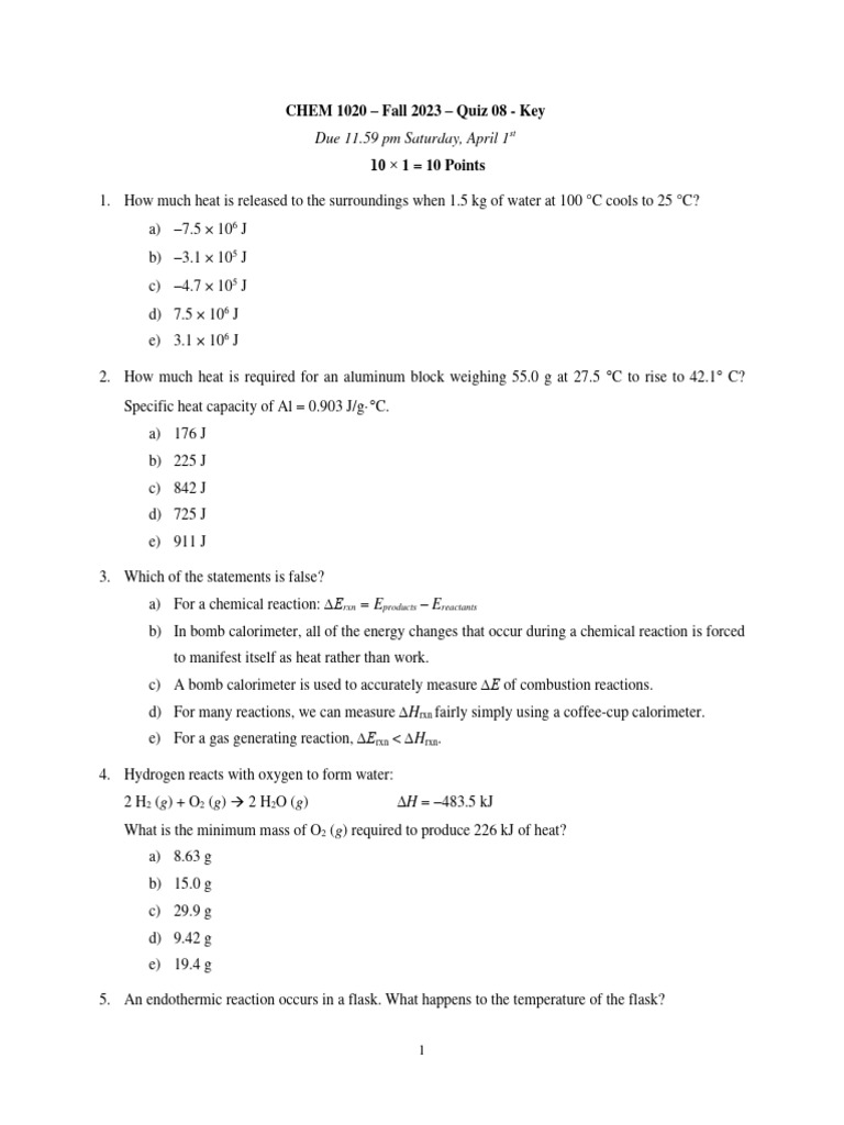 Quiz 08 | PDF | Heat | Chemical Reactions