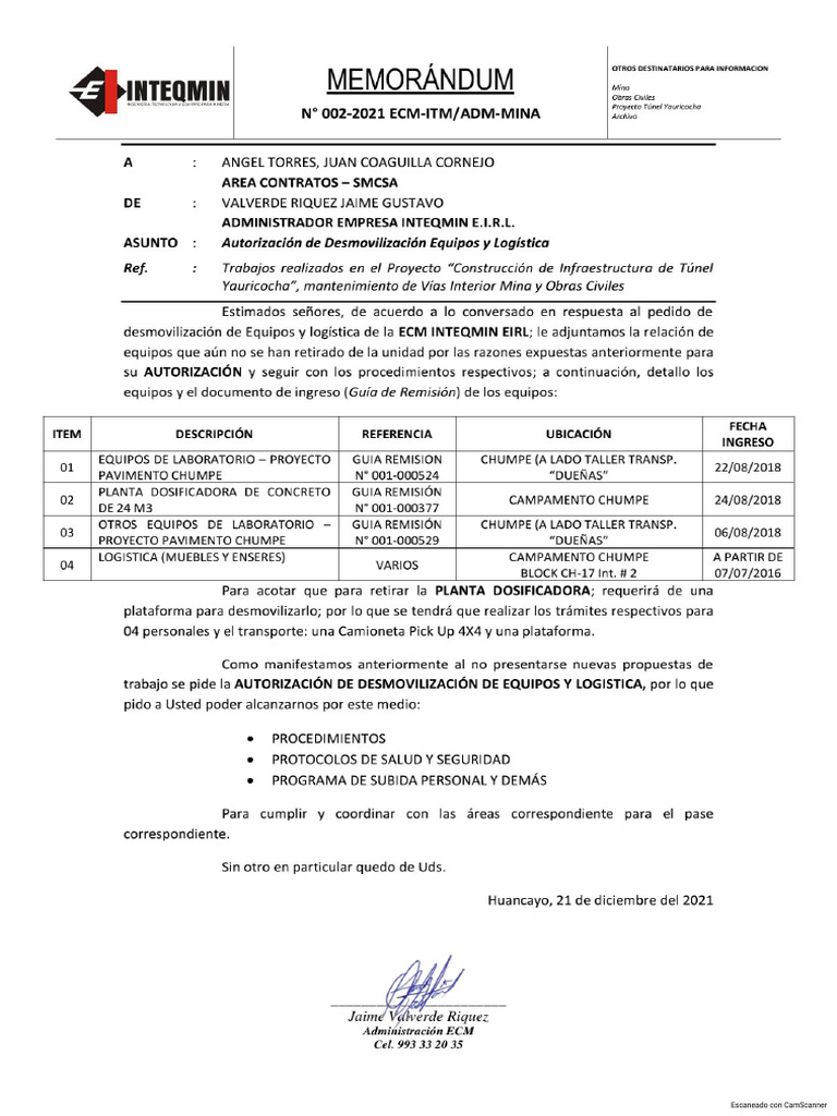 Memorandum 002 2021 Ecm Inteqmin Eirl - 1 | PDF