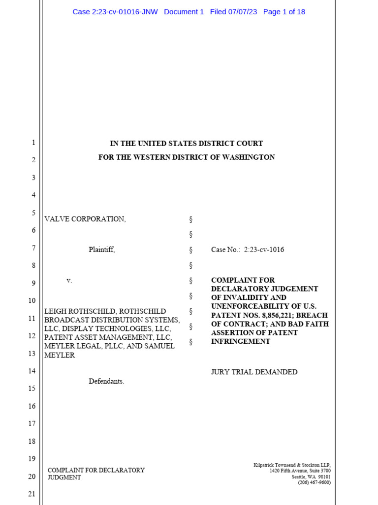 Valve Corp. Patent Infringement Complaint | PDF | Declaratory Judgment | Lawsuit