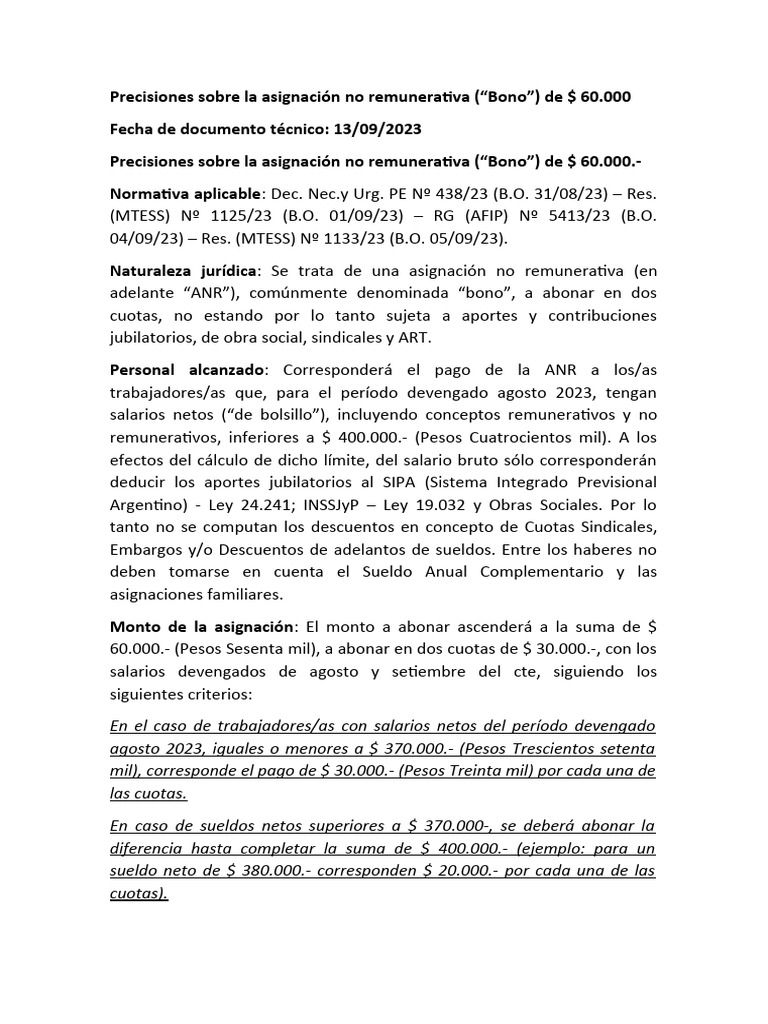 Documento Tecnico - Asignacion No Remunerativa Decreto Pen 423-2023 | PDF | Salario | Economias