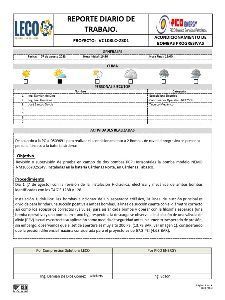 EXA-FOP15 Reporte Diario de Trabajo 07-08-2023 | PDF | Bomba | Bienes ...