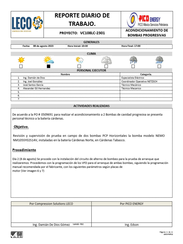 EXA-FOP15 Reporte Diario de Trabajo 08-08-2023 | PDF