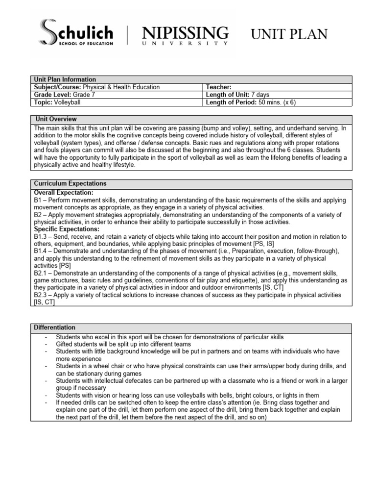 Unit Plan Volleyball | PDF | Volleyball | Curriculum