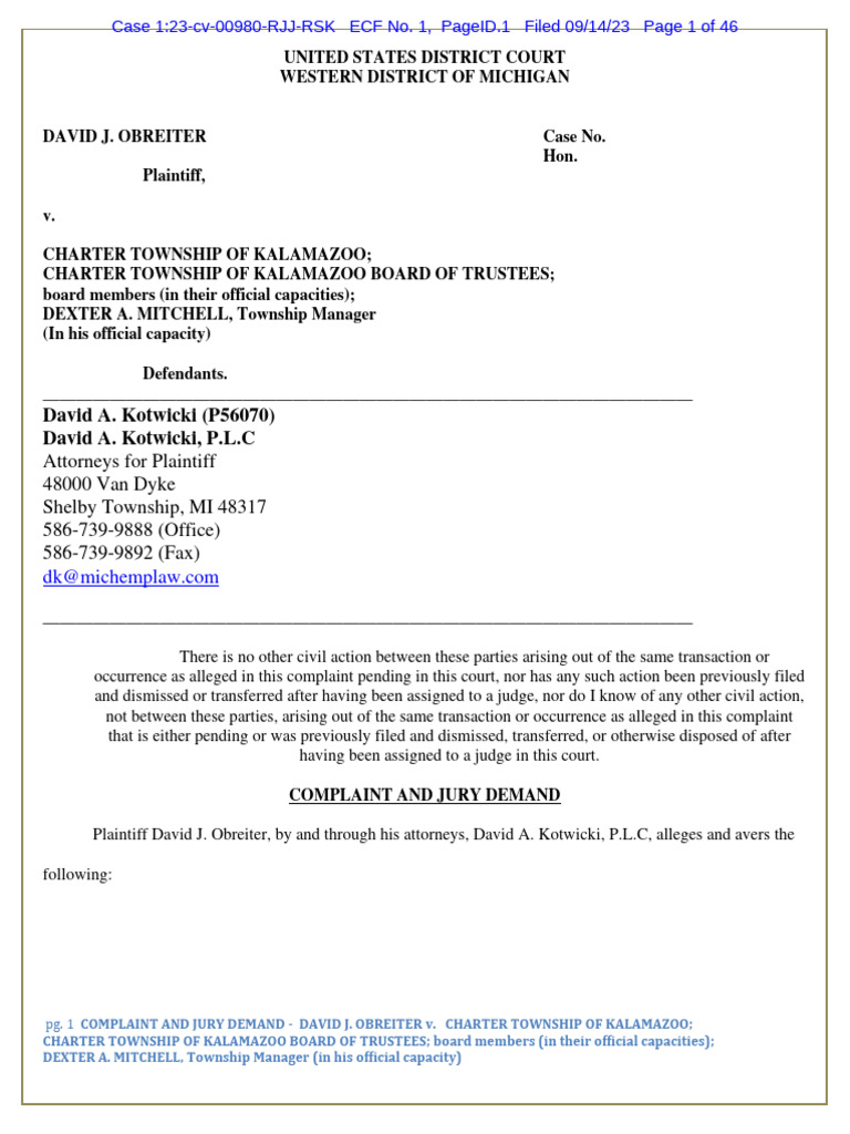 Kalamazoo Township Lawsuit | PDF | Lawsuit | Complaint
