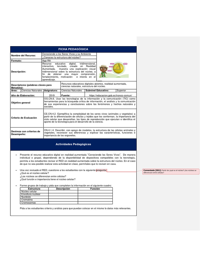 5 Ficha Pedagógica Estructura Del Nucleo V4 | PDF | Nucleo celular | Realidad aumentada