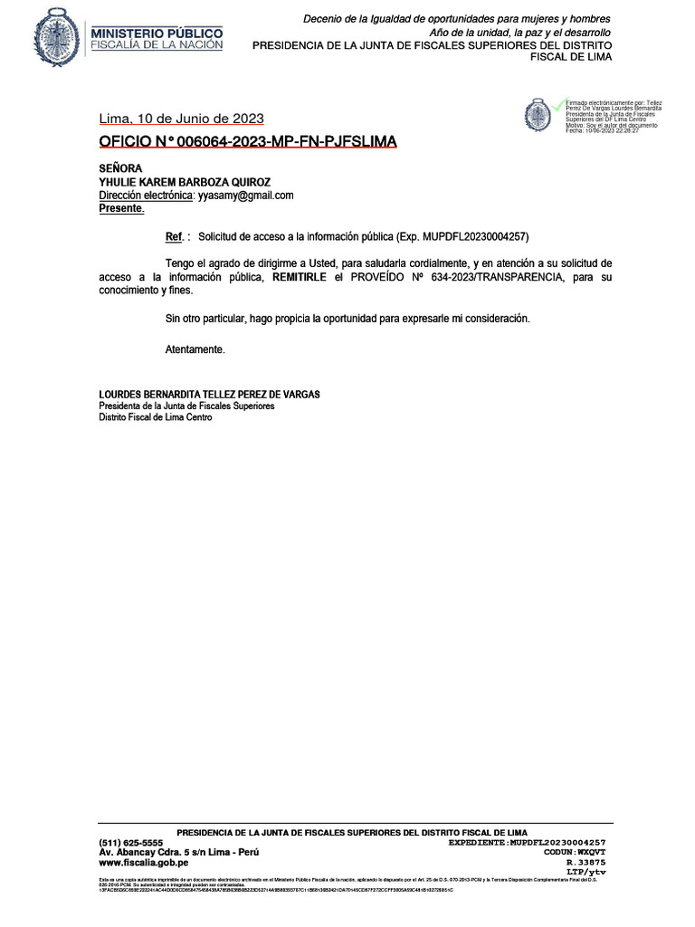Daniel Maurate Oficio 006064 2023 Pjfs Lima | PDF | Fiscal | Lima