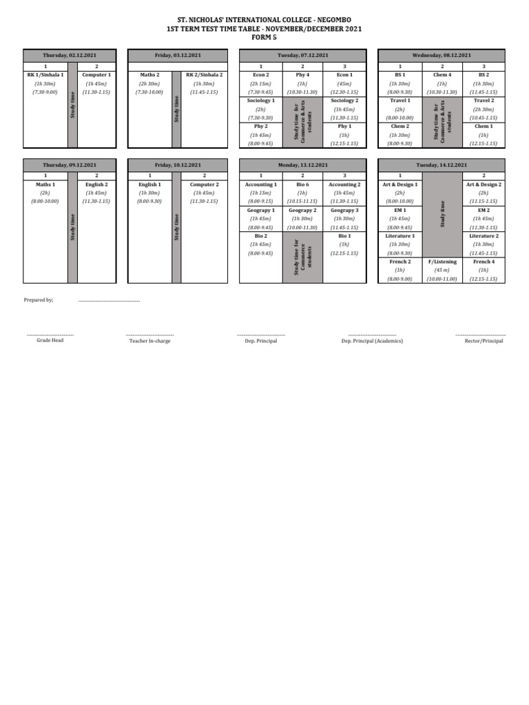 F5 - 2021-22 1st Term Test Time Table | PDF