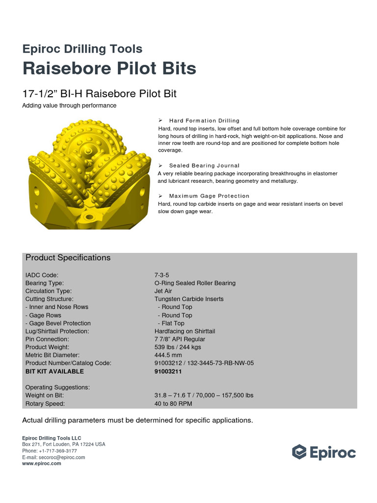 Raisebore Pilot Bits: Epiroc Drilling Tools | PDF