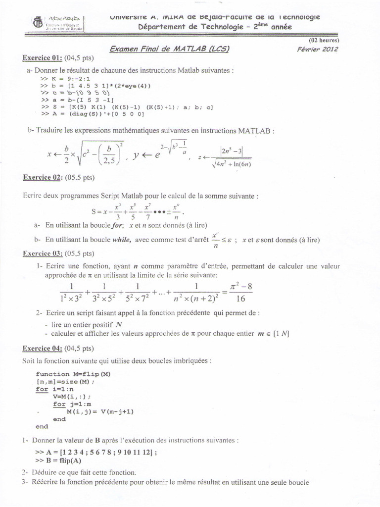 Examen Matlab Avec Correction | PDF