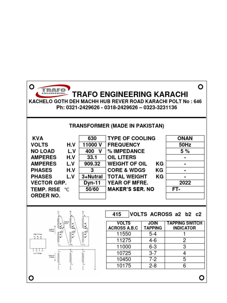 630 KVA Transformer Specifications | PDF | Technology & Engineering