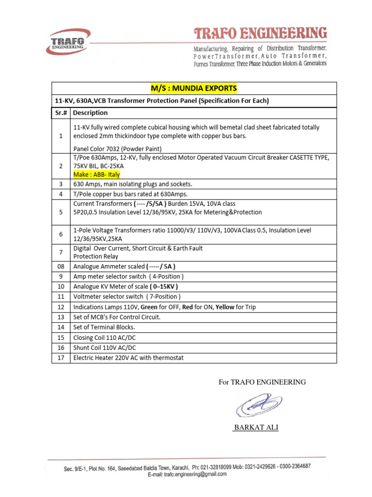 11-KV 630A VCB Panel Specifications | PDF | Technology & Engineering