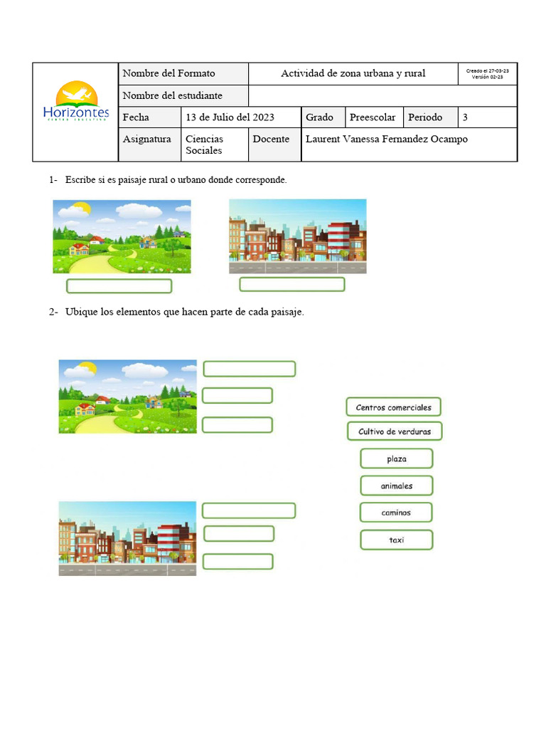 Activida de Zona Urbana y Zona Rural 2 - Preescolar | PDF