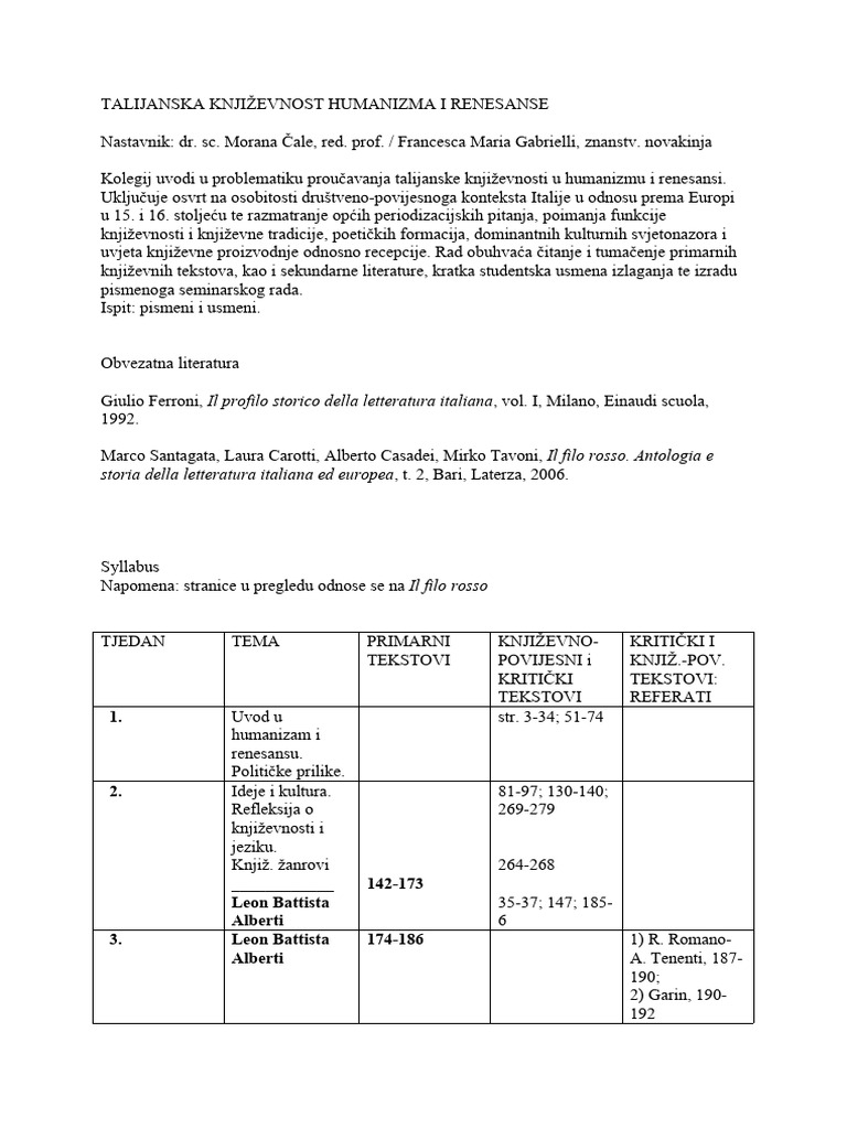 Talijanska Književnost Humanizma I Renesanse | PDF
