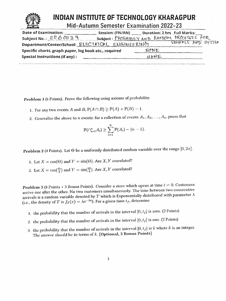 EE60039 Probability and Random Processes For Signals MA 2022 | PDF