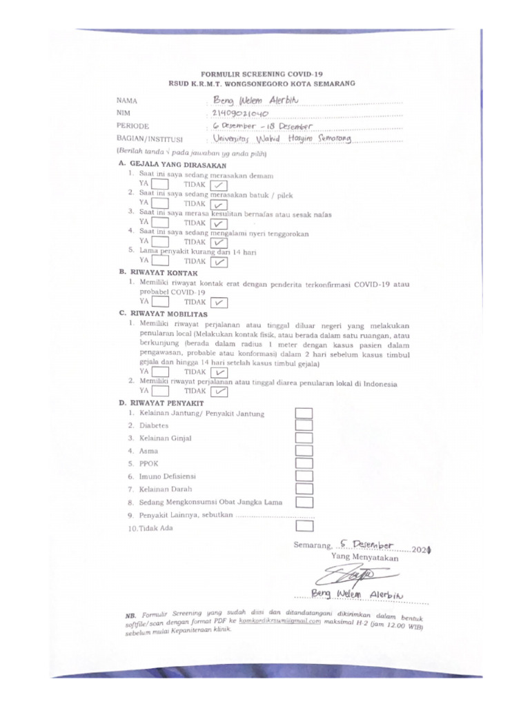Formulir Screening Covid-19 Beng Rehab Medik | PDF