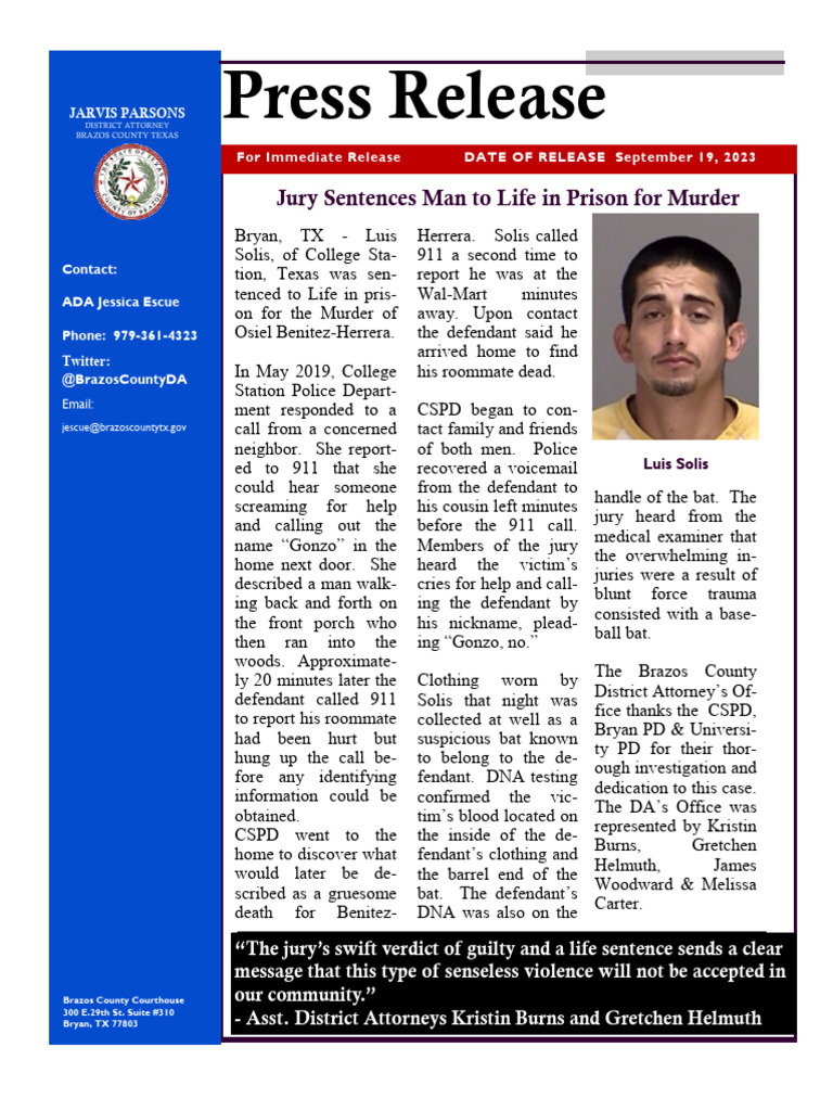 Luis Solis Sentence News Release | PDF | Criminal Law | Crimes