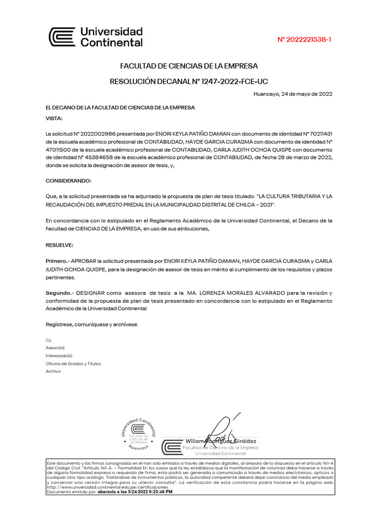 Designación de Asesora de Tesis FCE-UC | PDF | Negocios | Derecho