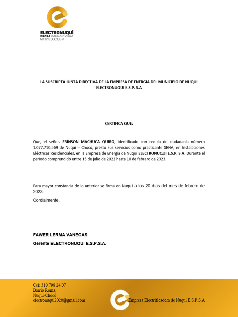 Certificacion Laboral Sena Erinson | PDF