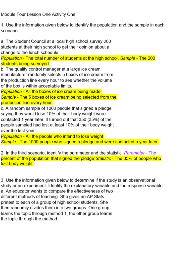 Module Four Lesson One Activity One | PDF | Sampling (Statistics ...