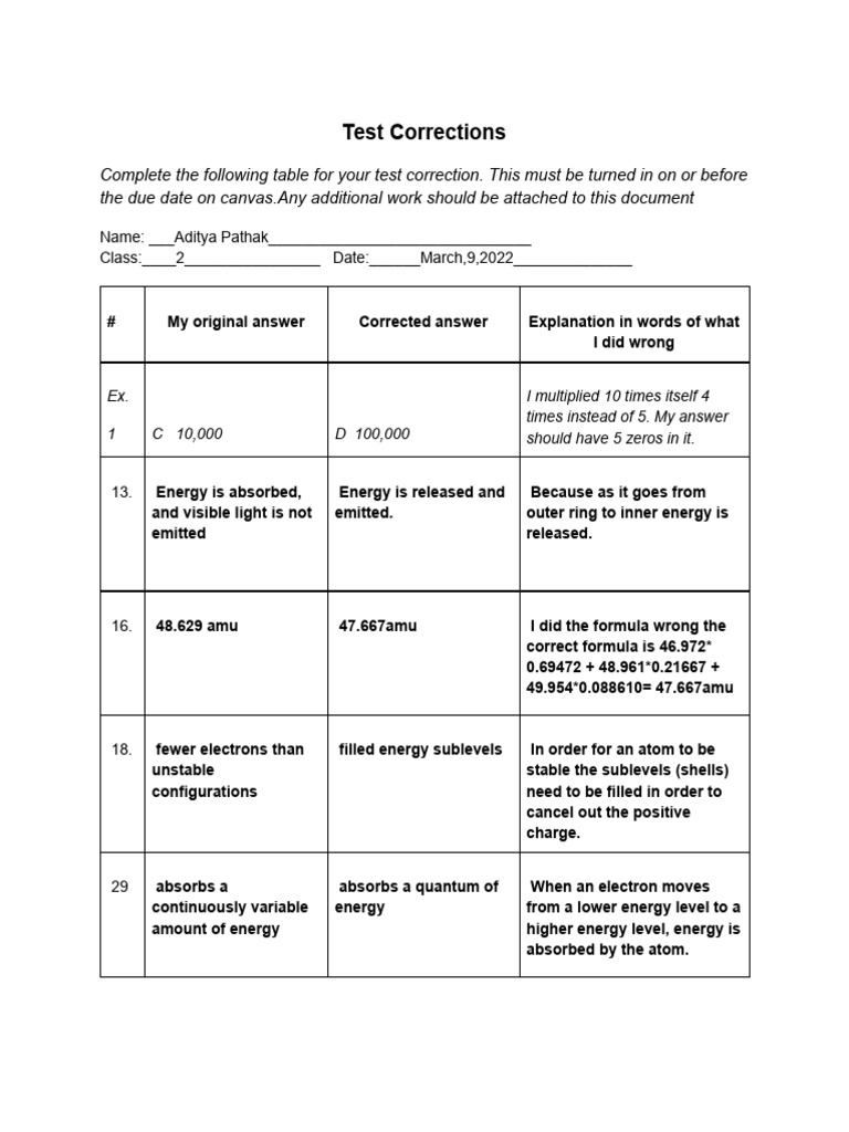Test Correction Template | PDF