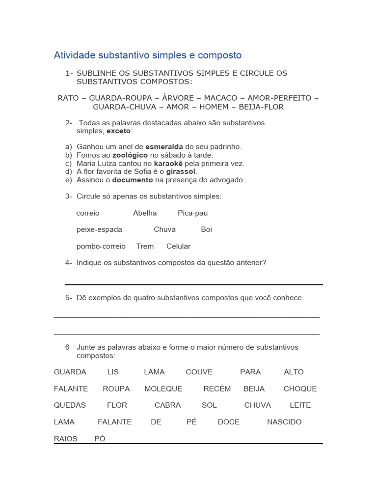 Atividade Substantivo Simples e Composto | PDF
