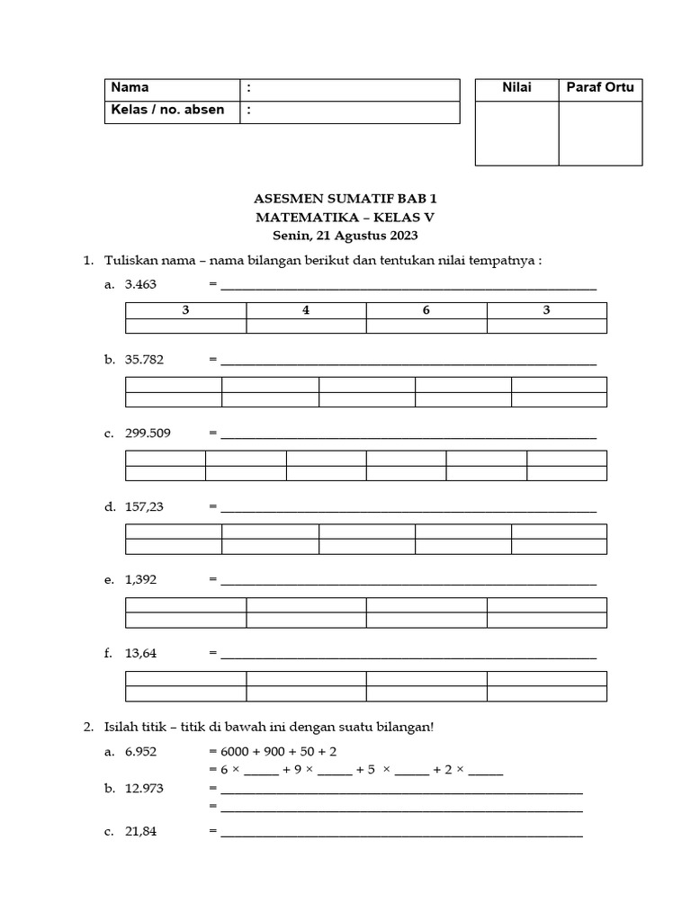 Asesmen Sumatif Kelas 5 | PDF