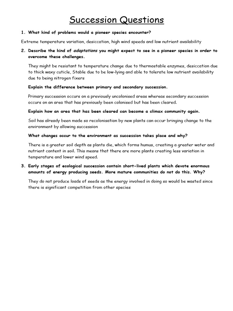 2. Succession Questions Worksheet | PDF | Soil | Biodiversity