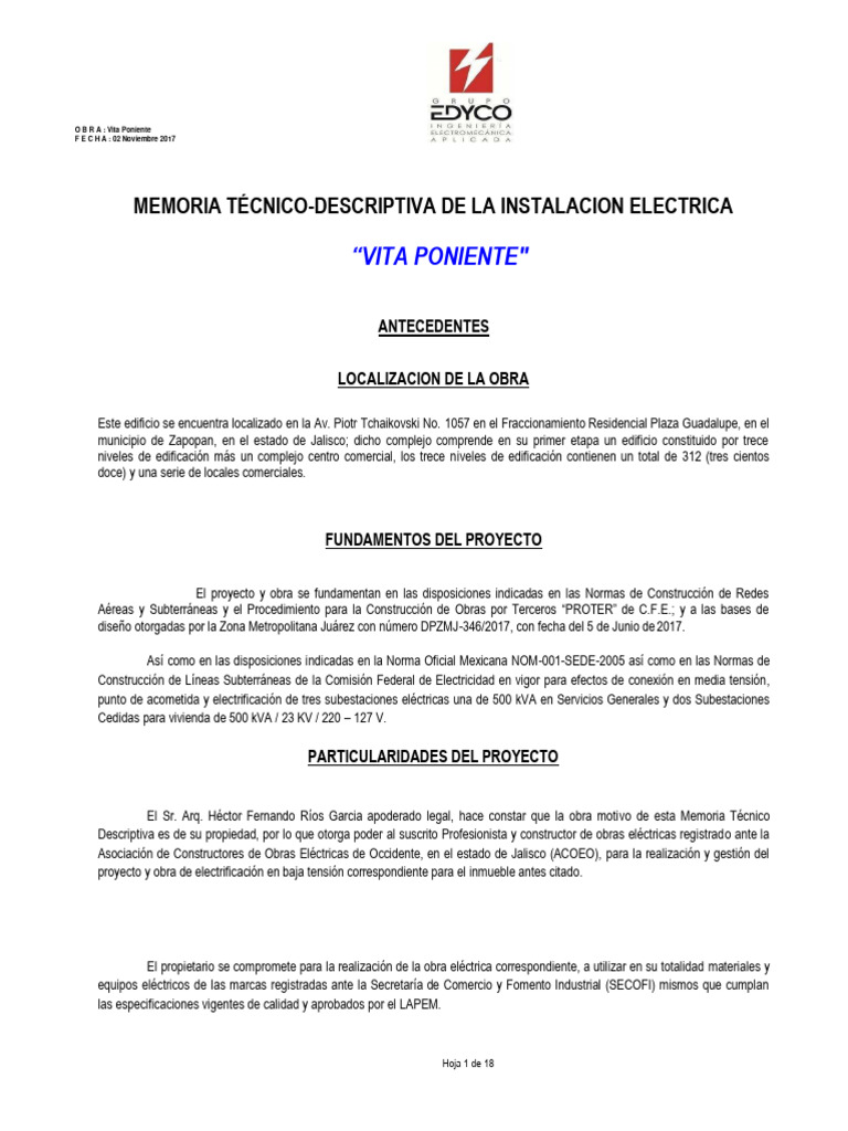 Memoria Tecnico Descriptiva de La Instal | PDF | Aislador (Electricidad) | Transformador