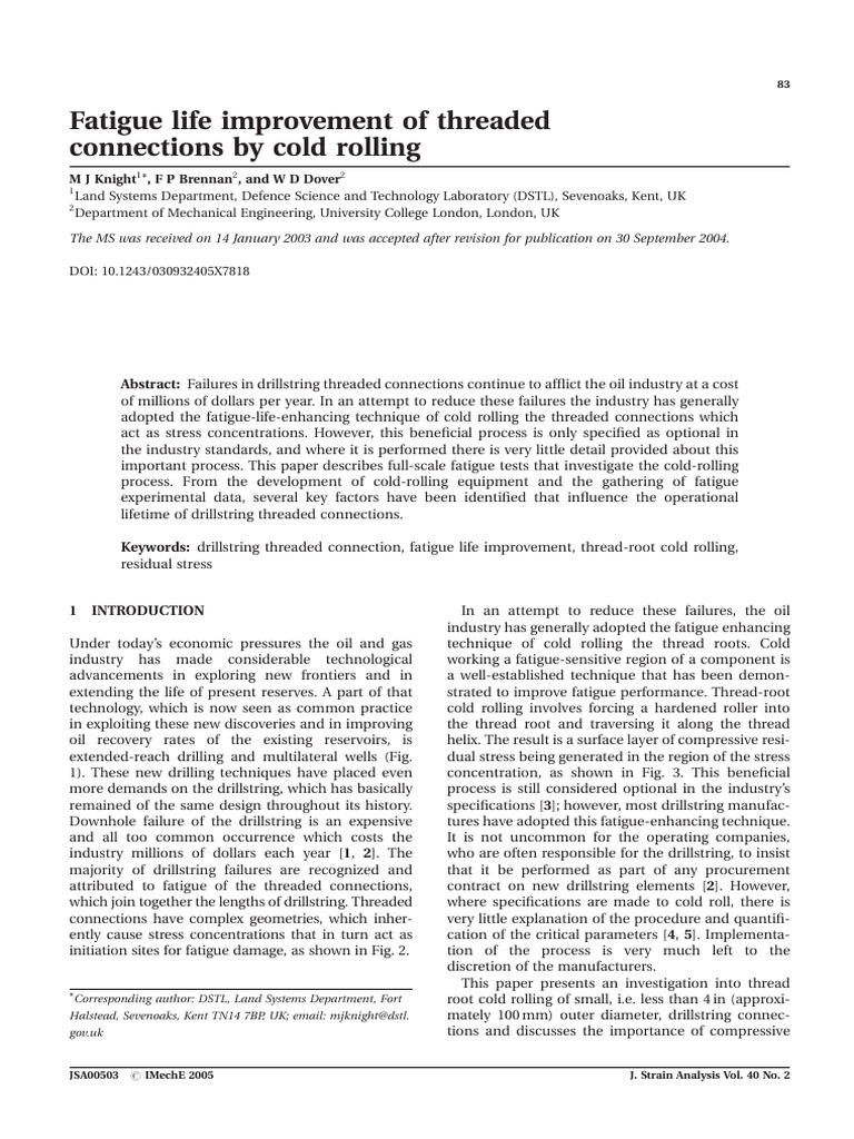 Knight Et Al 2005 Fatigue Life Improvement of Threaded Connections by Cold Rolling | PDF ...