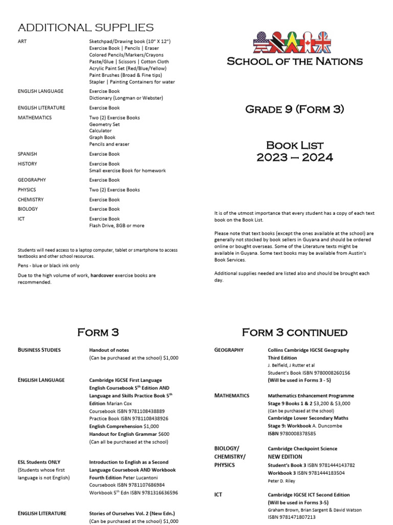 Booklists - 2023-2024 - Grade 9 (Form 3) | PDF | Books | Textbook