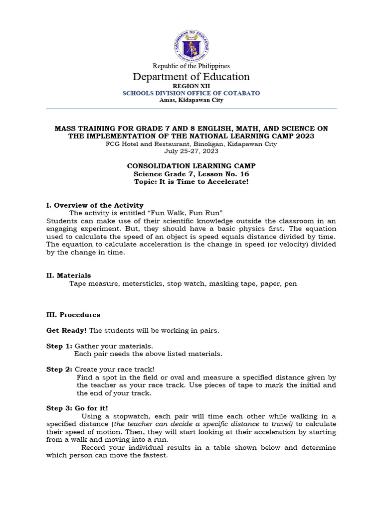 Grade 7 & 8 Science Activity Guide | PDF | Acceleration | Speed