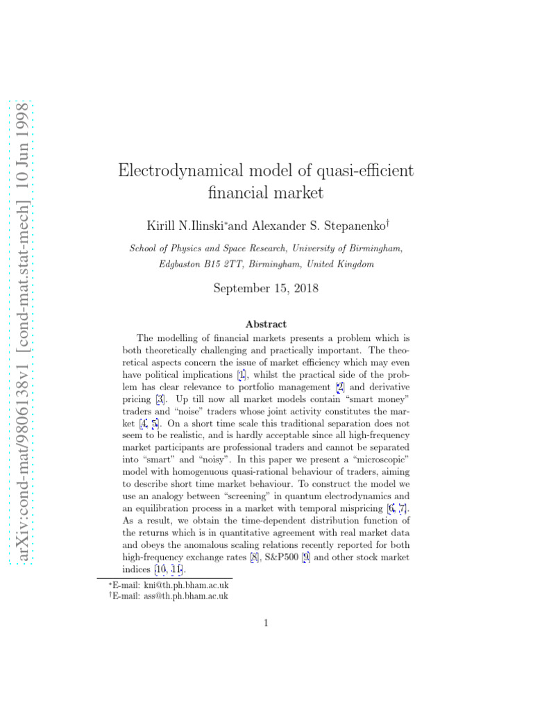 Electrodynamical Model Of Quasi Efficient Financial Market Pdf Gauge Theory Economic 