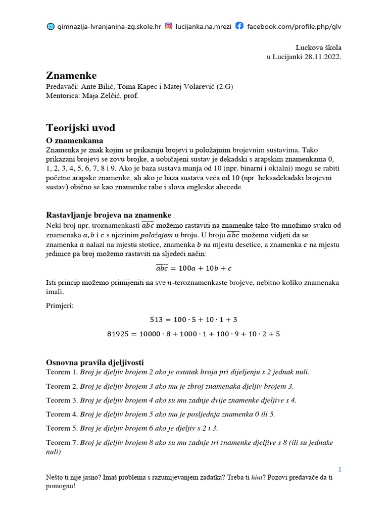 Luckova Škola - Znamenke - Matej Volarević | PDF