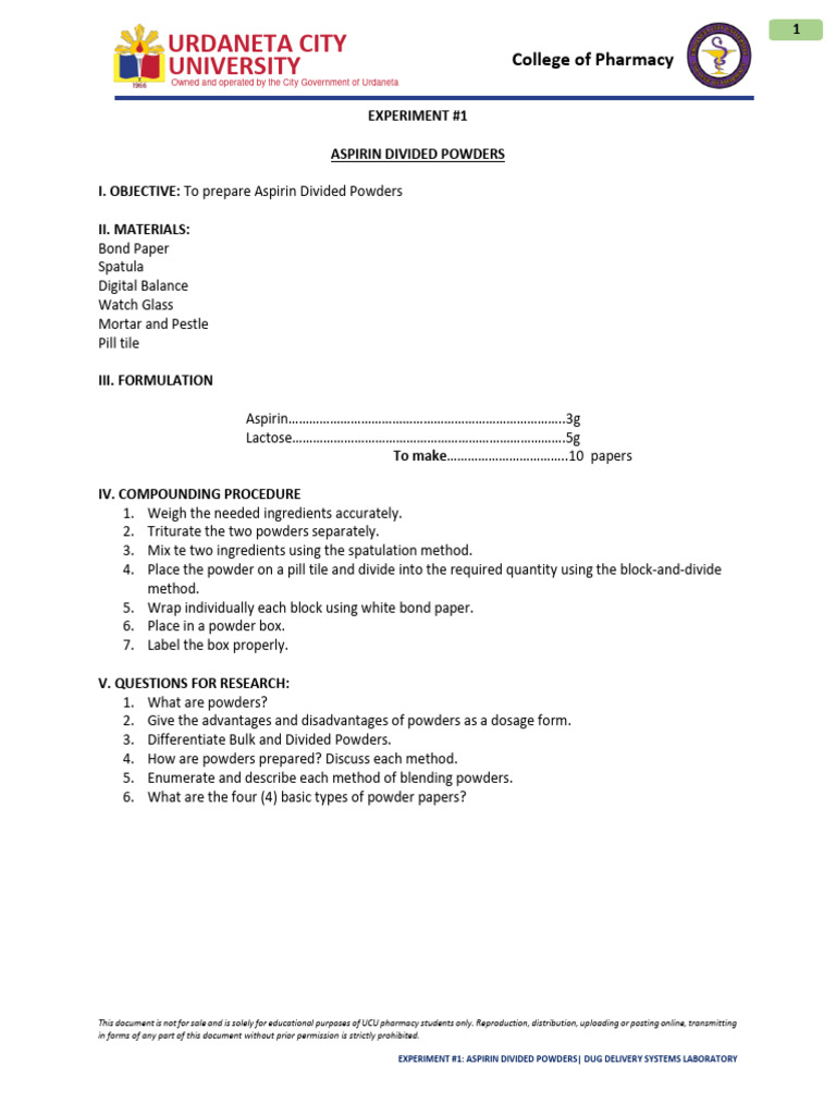 Experiment 1 | PDF | Tablet (Pharmacy)