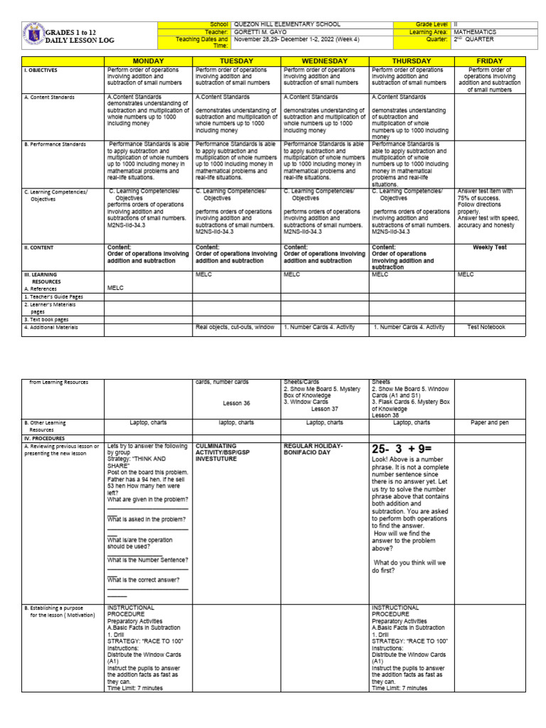 DLL - Mathematics 2 - q2w4 | PDF | Multiplication | Behavior Modification