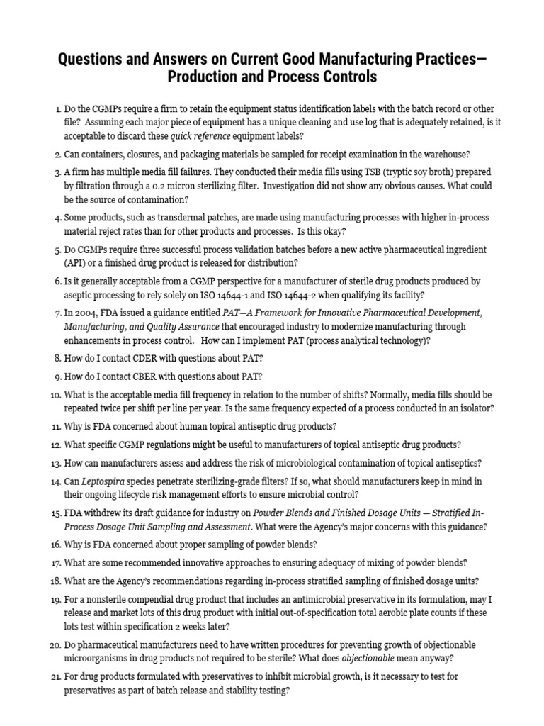 Questions and Answers On Current Good Manufacturing Practices-Production and Process Controls ...