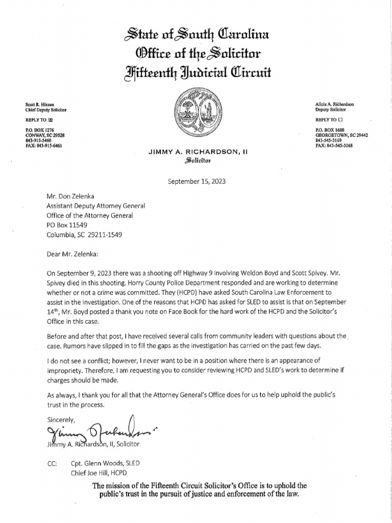 Letter From 15th Circuit Solicitor Jimmy Richardson | PDF