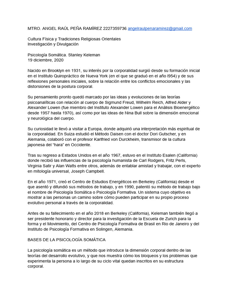 Psicología Somatica. Stanley Keleman | PDF | Las emociones | Sicología