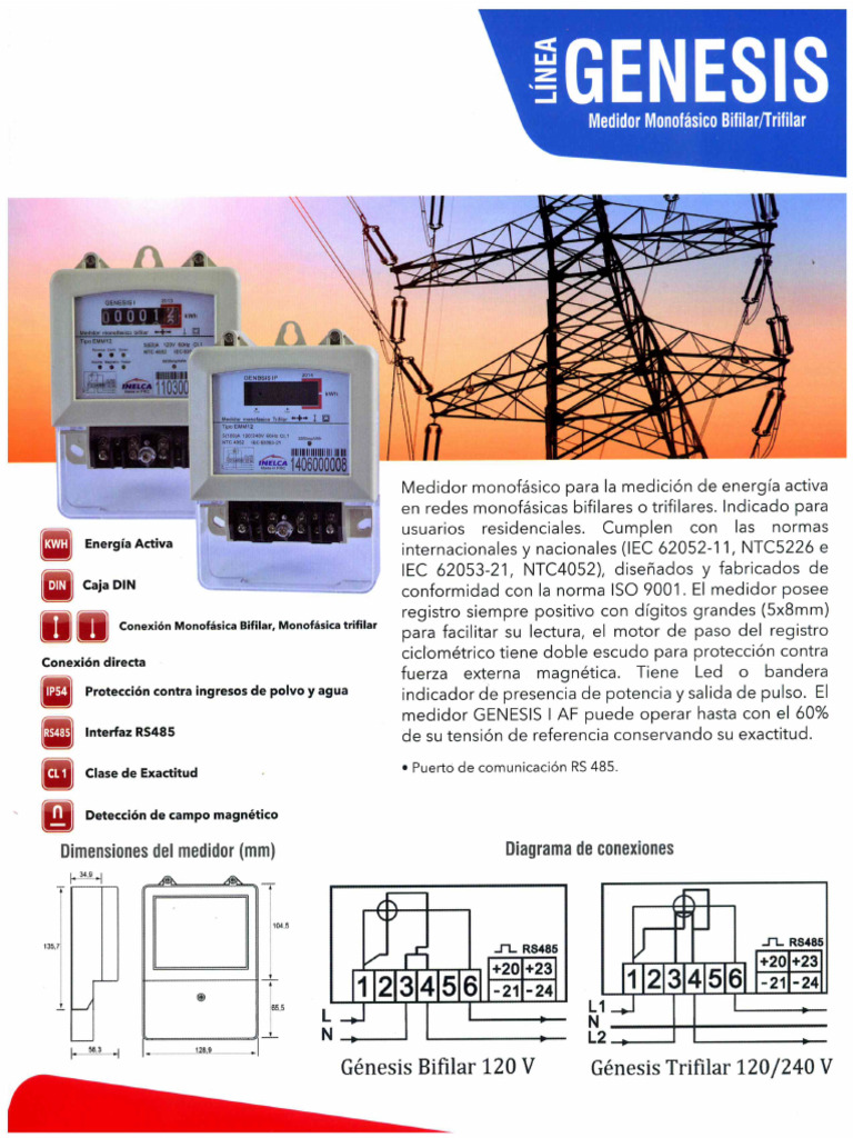 Ficha Tecnica Medidor Monofasico Genesis I AF EMM12 Inelca | PDF