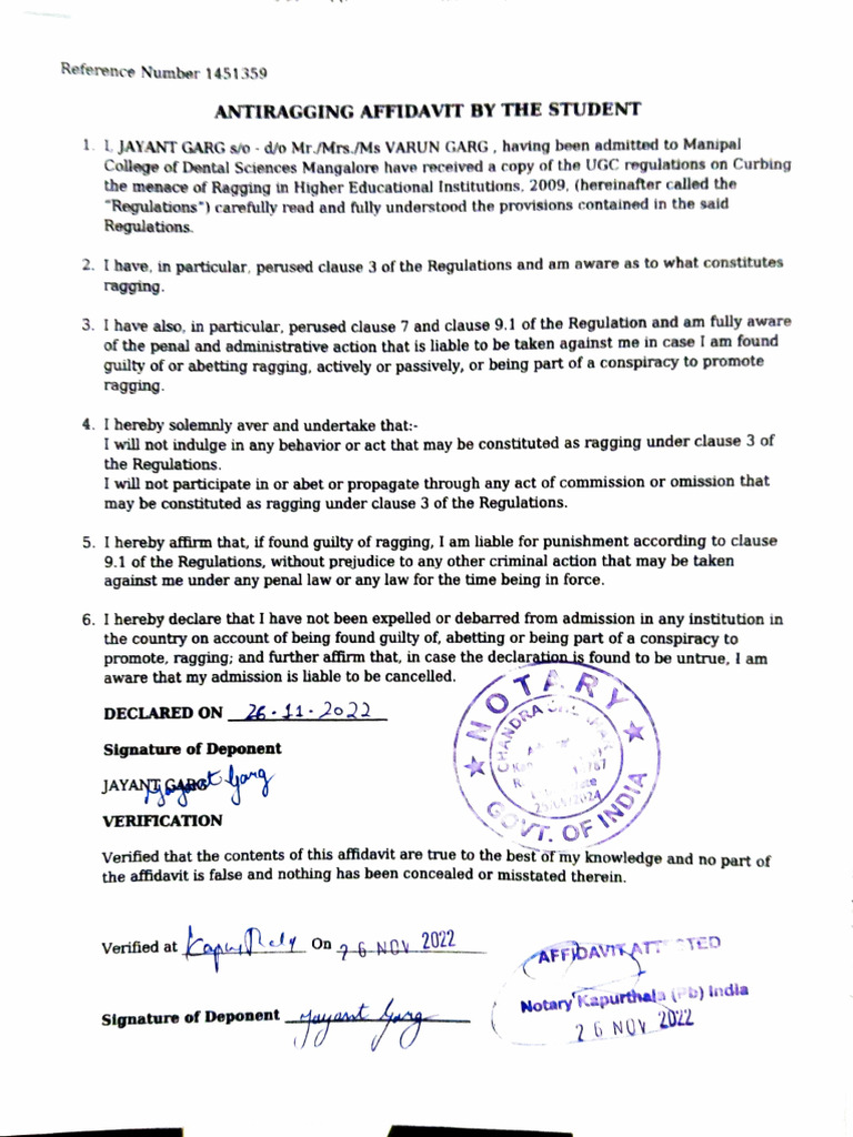 Anti Ragging Affidavit | PDF | Affidavit | Legal Documents