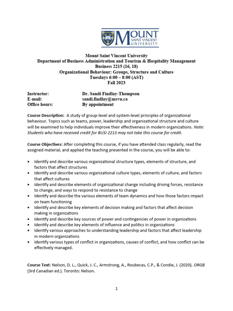 Organizational Behaviour Course Outline | PDF | Decision Making ...