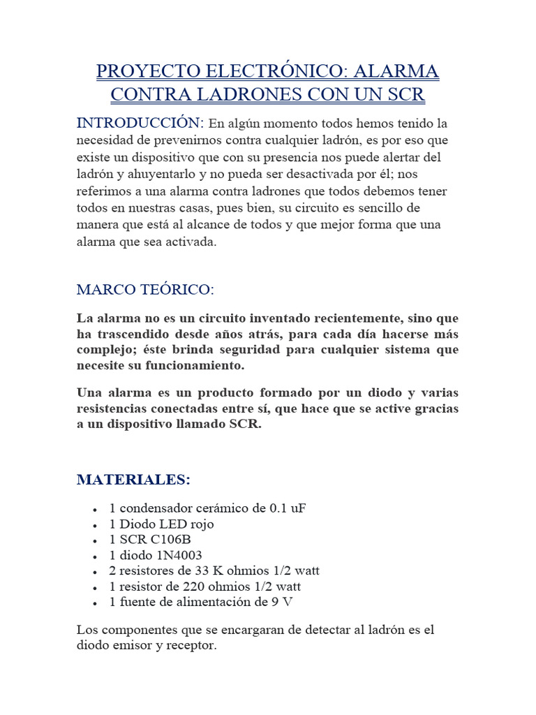 Proyecto Electrónico Alarma Contra Ladrones Con Un SCR | PDF | Electrónica | Bienes manufacturados
