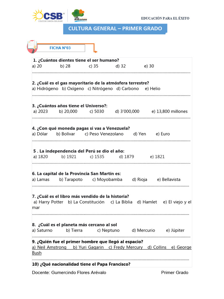 Ficha 3 Cultura General 1 I Bim. | PDF Ficha 3 Cultura General 1 I Bim. | PDF
